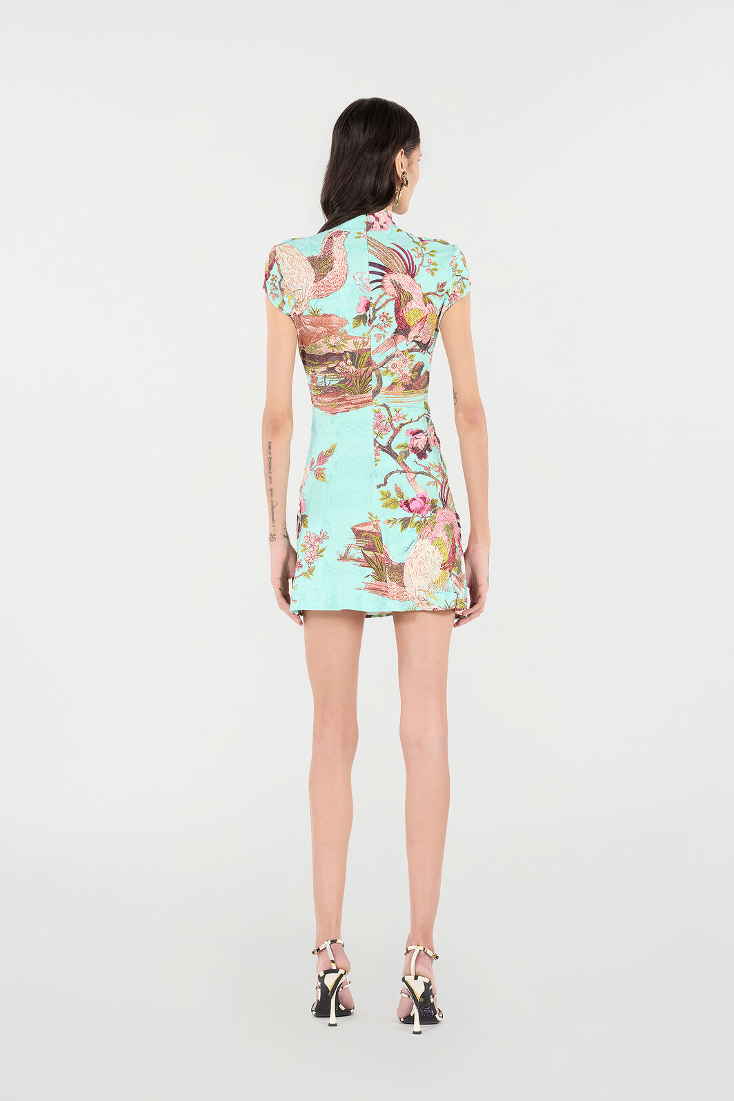 Mini Dress With Oriental Bird Print in Blue/Pink for Women | Roberto ...